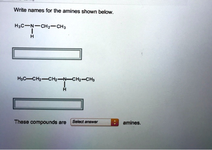SOLVED: Write names for the amines shown below. H2C=NH H3C-CH2-NH-CH2-CH3 These compounds are ...