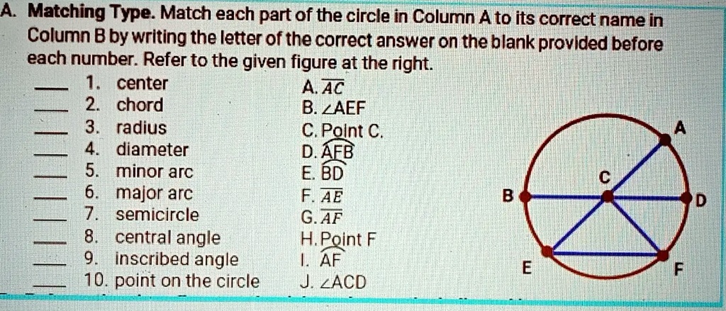 SOLVED: A Matching Type. Match each part of the circle in Column A to its correct name in Column ...