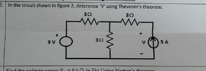 In the circuit shown in figure 2, determine ' V ' using Thevenin's theorem.