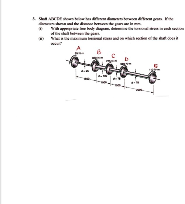 SOLVED: 3.Shaft ABCDE shown below has different diameters between different gears. If the ...