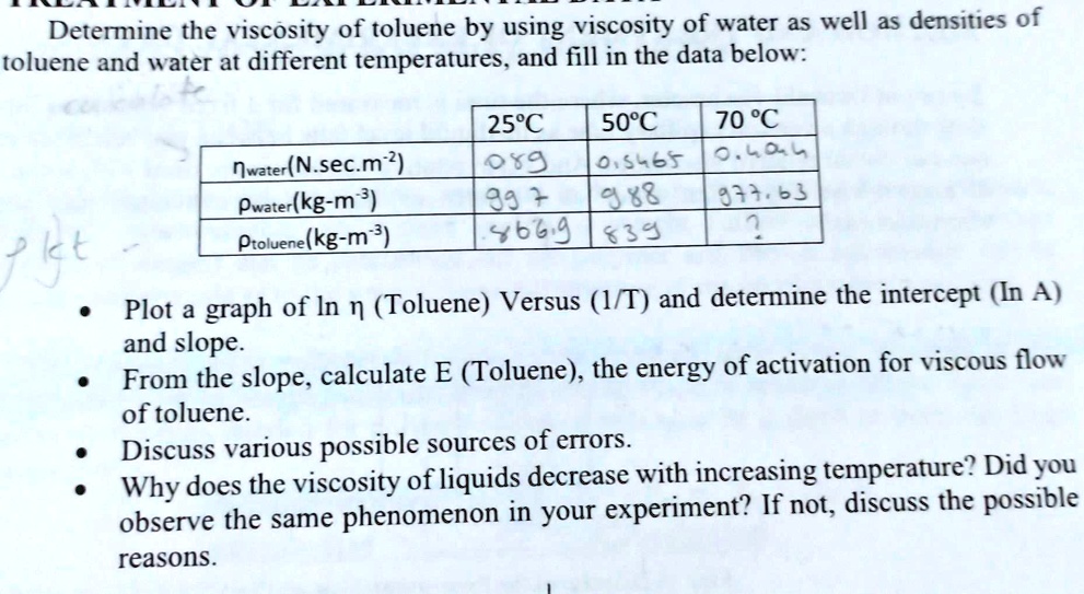 SOLVED: Can you please solve all the questions, and also find the density of toluene at 70 ...