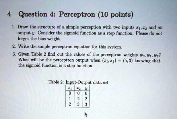 SOLVED: Question 4: Perceptron (10 points) 1. Draw the structure of a ...