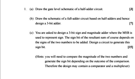 1. (a) Draw the gate level schematic of a half-adder circuit. [3] (b ...