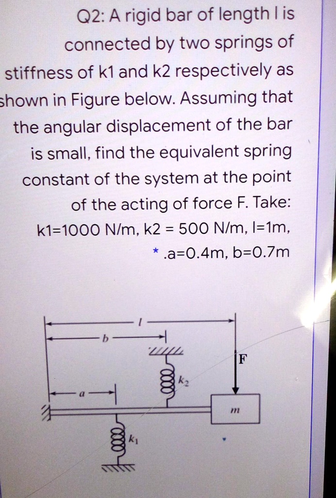 SOLVED: Q2: A rigid bar of length l is connected by two springs of stiffness k1 and k2 ...