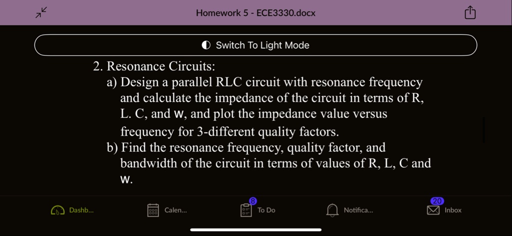 homework 5 ece3330docx 2 resonance circuits a design a parallel rlc ...