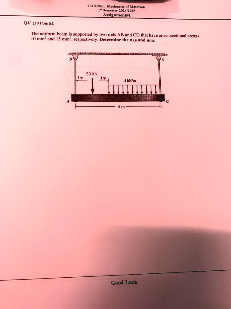 COURSE: Mechanics of Materials 1ª Semester 2024/2025 Assignment#1 Q3/ (20 Points): The uniform ...