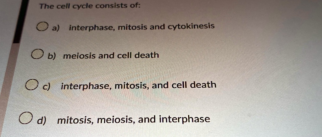 The cell cycle consists of: a) interphase, mitosis and cytokinesis b ...