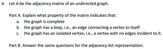 SOLVED: Let A be the adjacency matrix of an undirected graph. Part A. Explain what property of ...