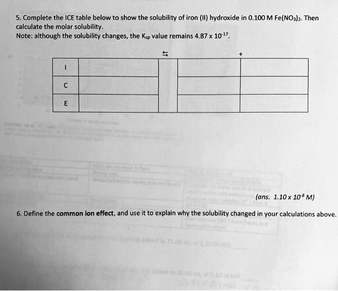 complete the ice table below to show the solubility of iron ii ...