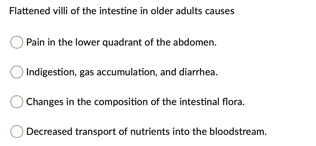 SOLVED: Flattened villi of the intestine in older adults causes Pain in ...