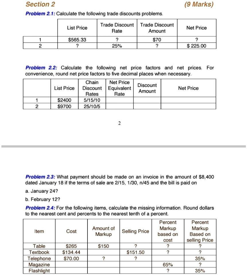 section 2 problem 21 calculate the following trade discounts problems ...