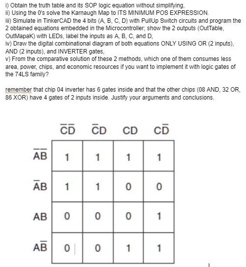 i) Obtain the truth table and its SOP logic equation without simplifying, ii) Using the O's ...