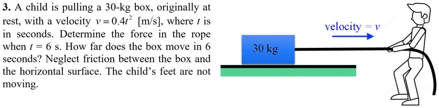 SOLVED: 3. A child is pulling a 30-kg box, originally at rest, with a ...