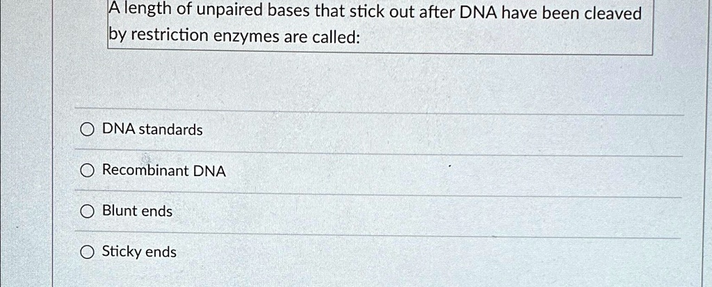 SOLVED: A length of unpaired bases that stick out after DNA have been ...
