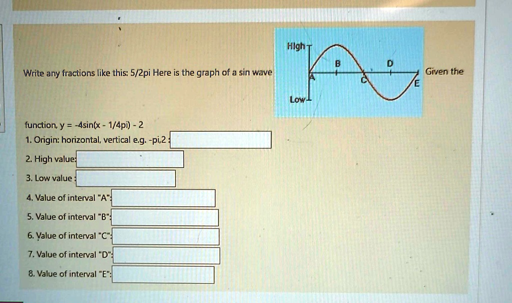 Texts: High D Write any fractions like this: 5/2π. Here is the graph of a sine wave. Given the ...