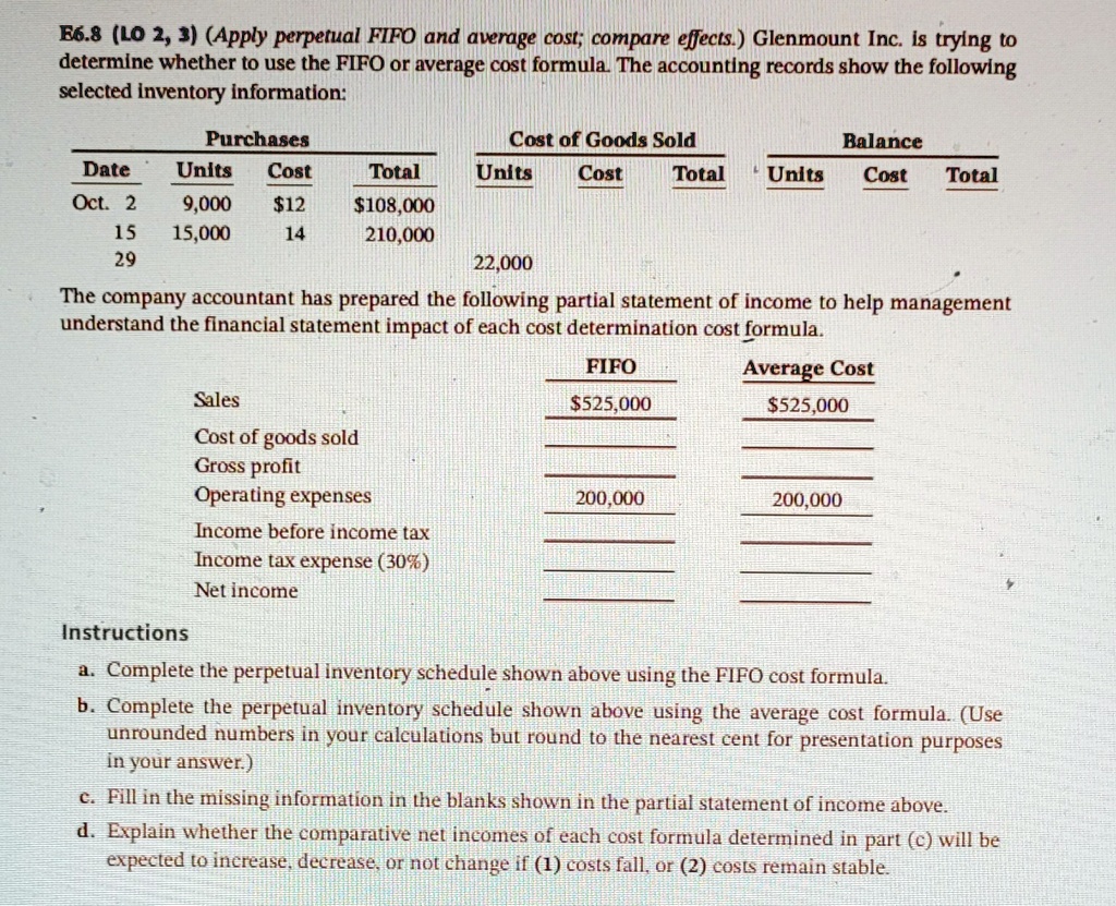 SOLVED: E6.8 Lo 2,3 Apply perpetual FIFO and average cost; compare ...