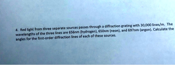 SOLVED: diffraction grating with 30,000 lines/m: The Red light from three separate sources ...