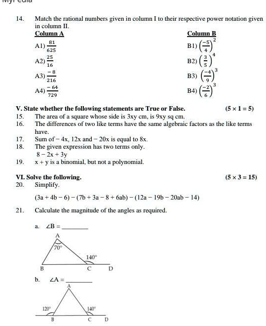 14. Match the rational numbers given in column I to their respective ...