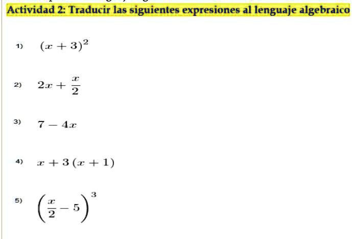 SOLVED: Traducir las siguientes expresiones de lenguaje algebraico ... SOLVED: Traducir las siguientes expresiones de lenguaje algebraico ...