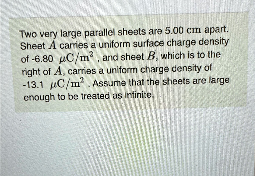 SOLVED: Two very large parallel sheets are 5.00 cm apart. Sheet A carries a uniform surface ...