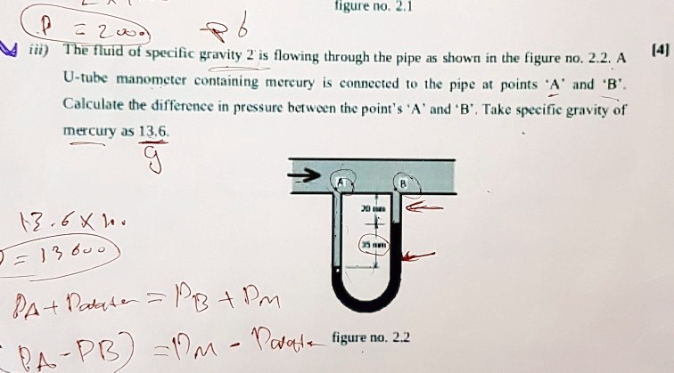 SOLVED: Figure No. 2.1 iii) [4] U-tube manometer containing mercury is connected to the pipe at ...
