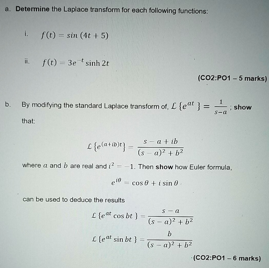 determine the laplace transform for each following functions ft sin 4t 5 ii ft 3e t sinh 2t ...