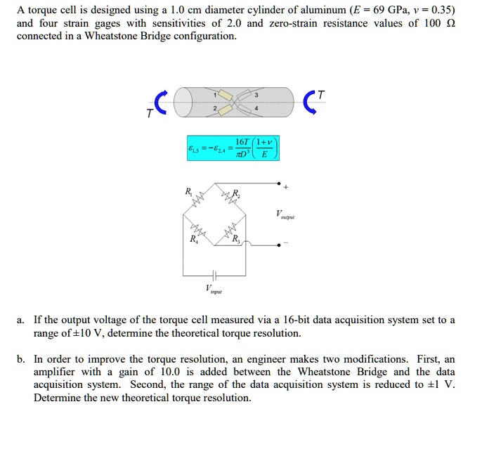 A torque cell is designed using a 1.0 cm diameter cylinder of aluminum ...