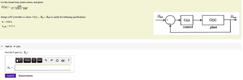 SOLVED: For the closed-loop system shown, and given: 9,00 Design a PD Controller i.e. where C(s ...