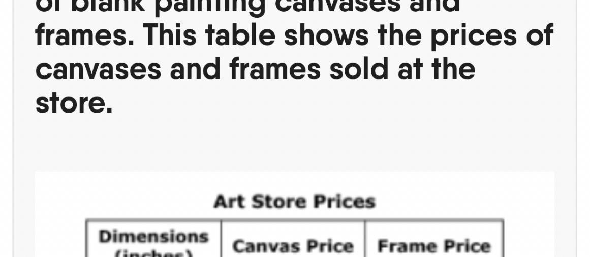 frames. This table shows the prices of canvases and frames sold at the ...