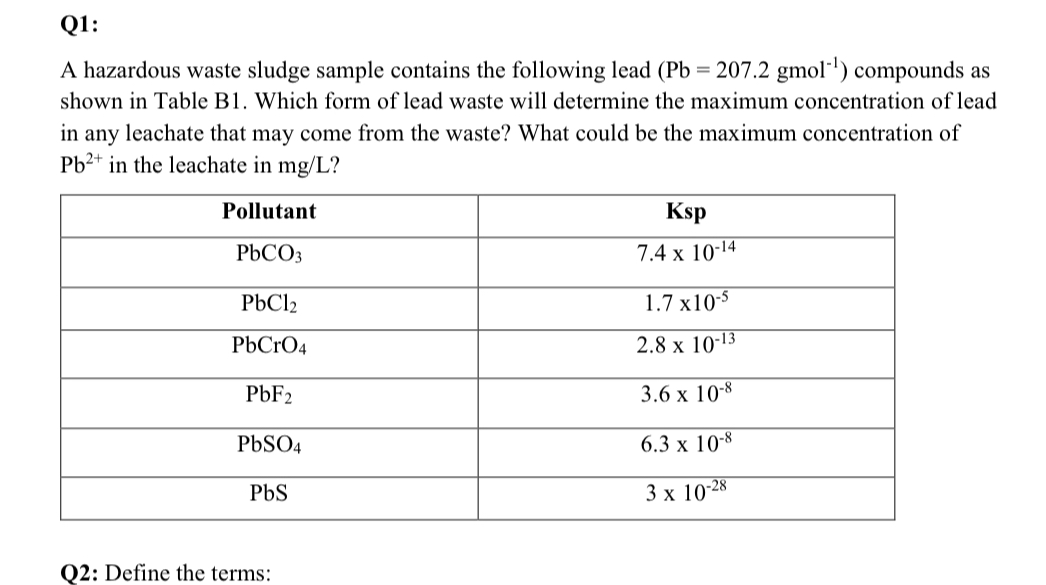 Q1: A hazardous waste sludge sample contains the following lead (Pb=207 ...