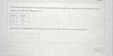 SOLVED: The table below represents a leaf for a classification tree with two classes, with the ...