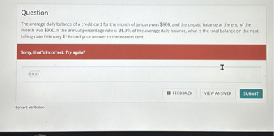 SOLVED: Question The average daly balance of a credit card for the ...