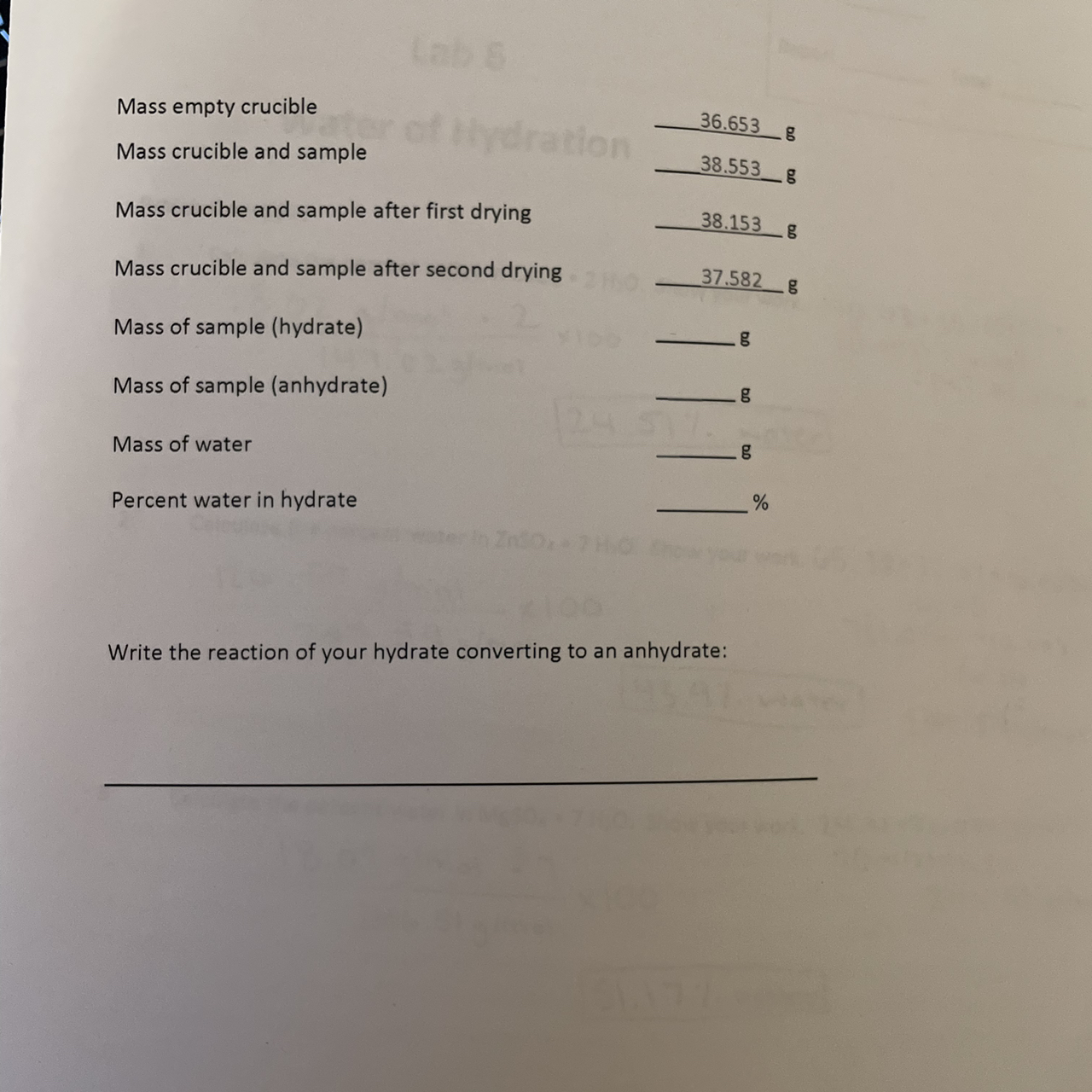 SOLVED: Mass empty crucible Mass crucible and sample 36.653 g Mass ...