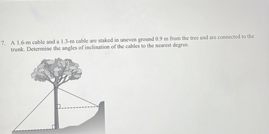 7. A 1.6-m cable and a 1.3-m cable are staked in uneven ground 0.9 m ...