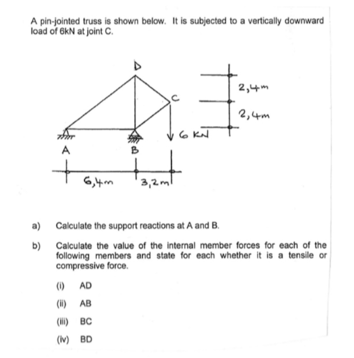 A pin-jointed truss is shown below. It is subjected to a...