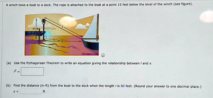 SOLVED: A winch tows a boat to a dock. The rope is attached to the boat ...