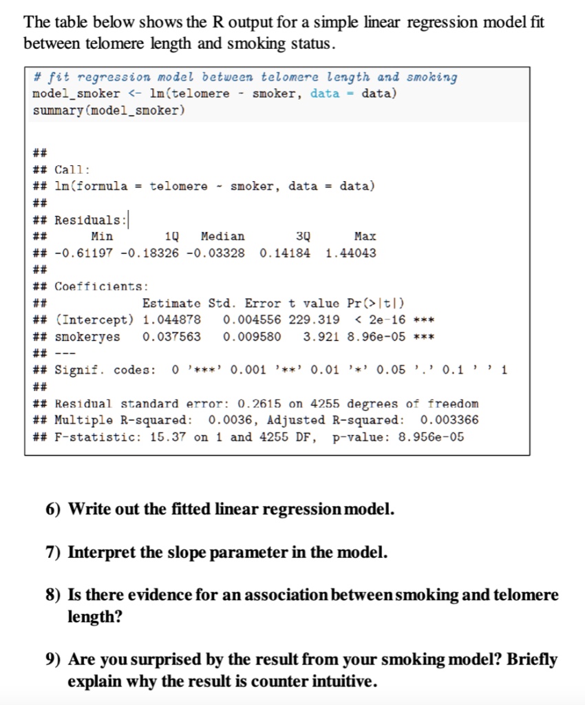 SOLVED: The table below shows the R output for a simple linear ...