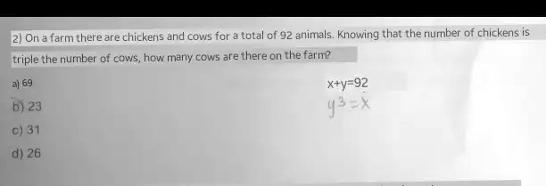 SOLVED: farm there are chickens and cows for total of 92 animals ...