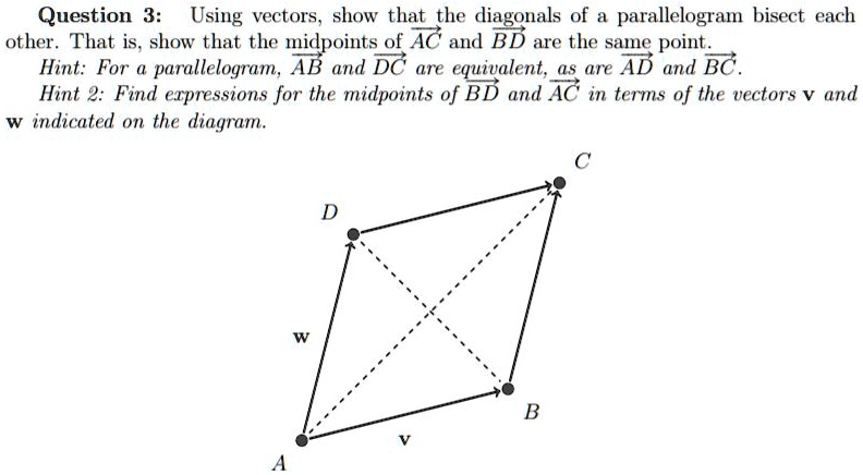 SOLVED: Question 3: Using vectors, show that the diagonals of a parallelogram bisect each other ...