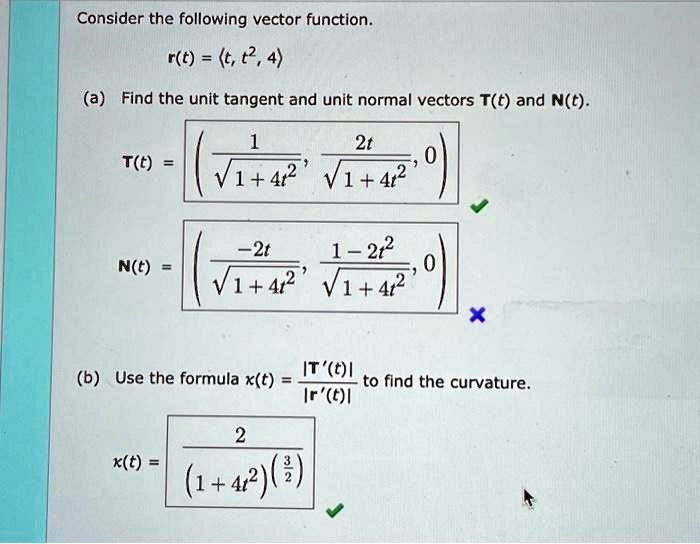 Consider the following vector function. r(t) = (t, t^2, 4) (a) Find the unit tangent and unit ...