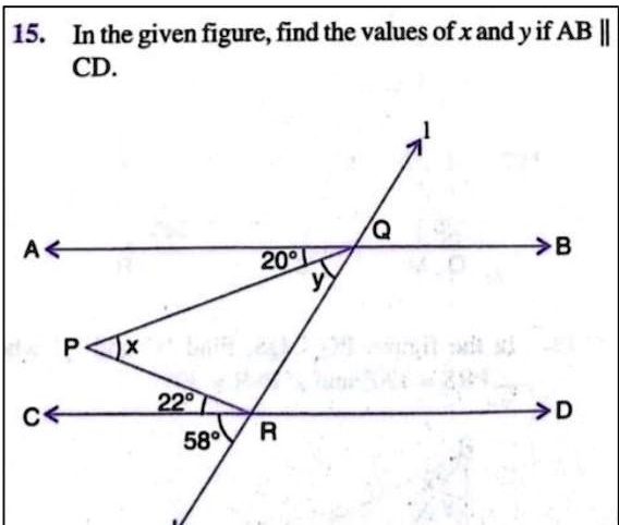15. In the given figure, find the values of x and y if AB || CD.