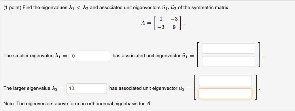 SOLVED: point) Find the eigenvalues A1 A2 and associated unit eigenvectors U1, U2 of the ...