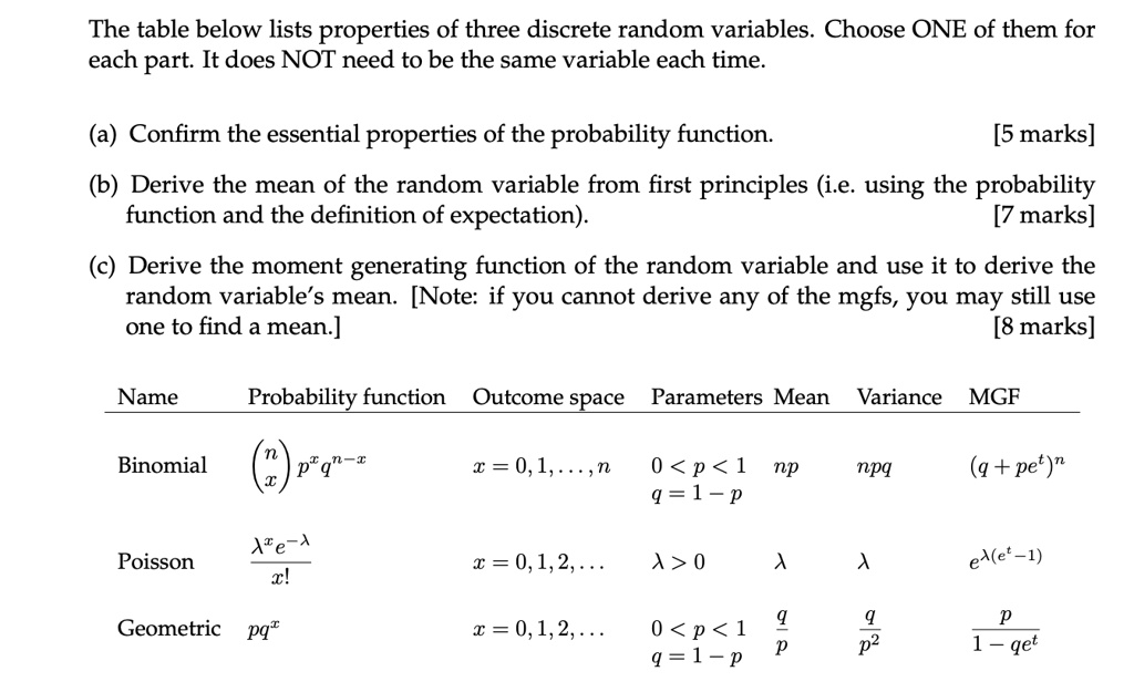 the table below lists properties of three discrete random variables choose one of them for each ...