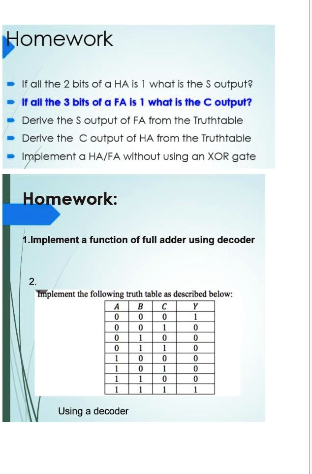 SOLVED: Homework If all the 2 bits of a HA are 1, what is the S output ...