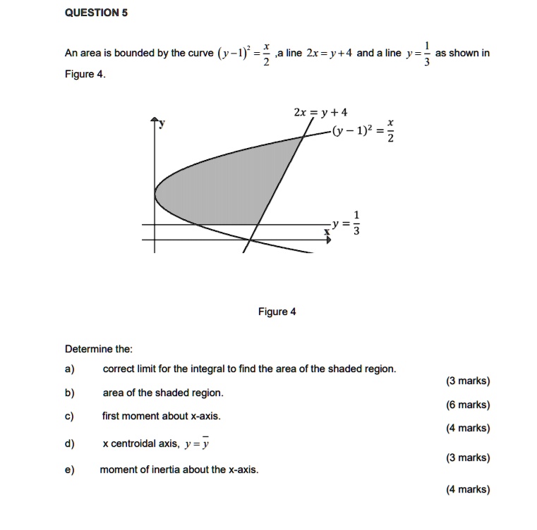 SOLVED: An area is bounded by the curve (y-1)^2 = x/2, a line 2x = y+4, and a line y = 1/3 as ...