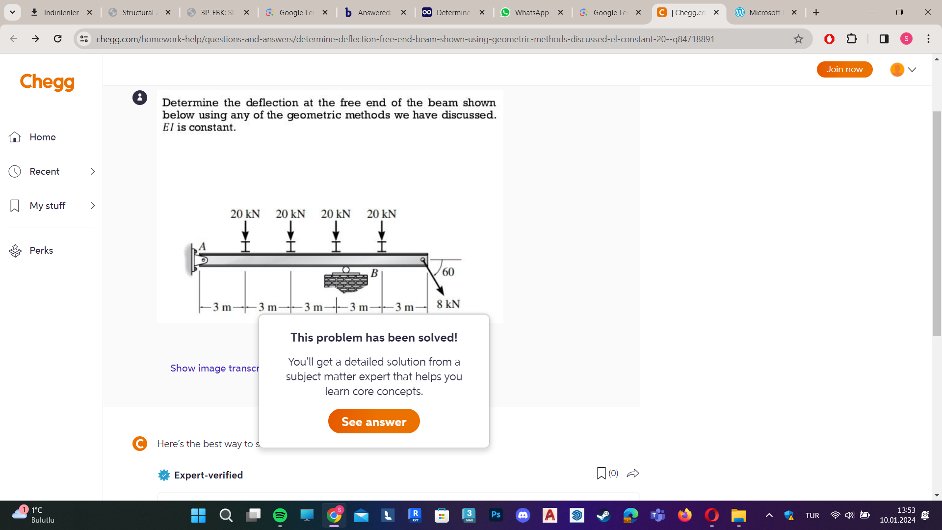 Chegg Home Recent My stuff Perks 8 Determine the deflection at the free end of the beam shown ...