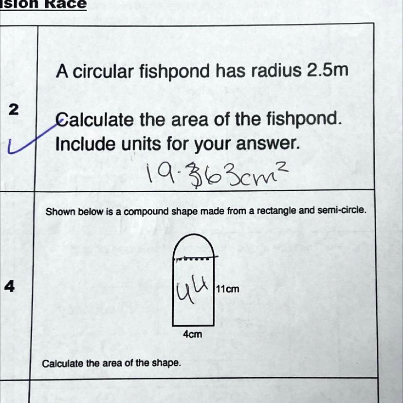 A circular fishpond has radius 2.5m Calculate the area of the fishpond ...