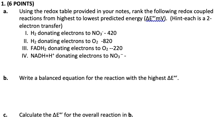 SOLVED: Using the redox table provided in your notes, rank the ...