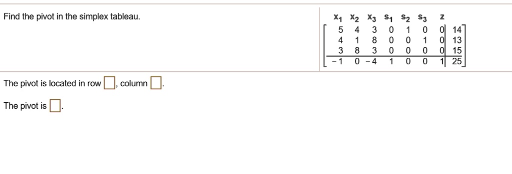 SOLVED: Find the pivot in the simplex tableau. X2 X3 52 13 15 25 -4 The pivot is located in row ...