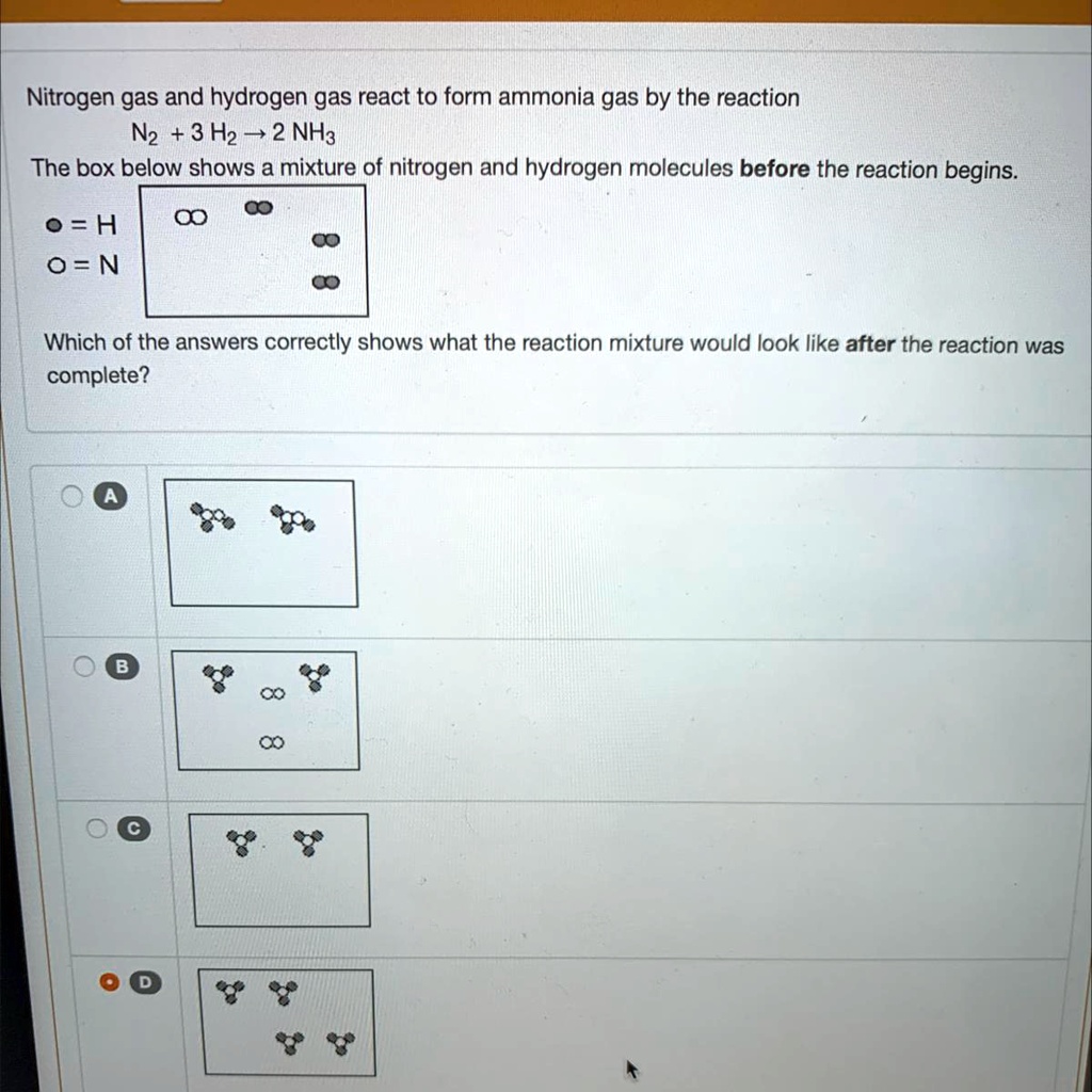 SOLVED: 'What is the answer please help Nitrogen gas and hydrogen gas react to form ammonia gas ...